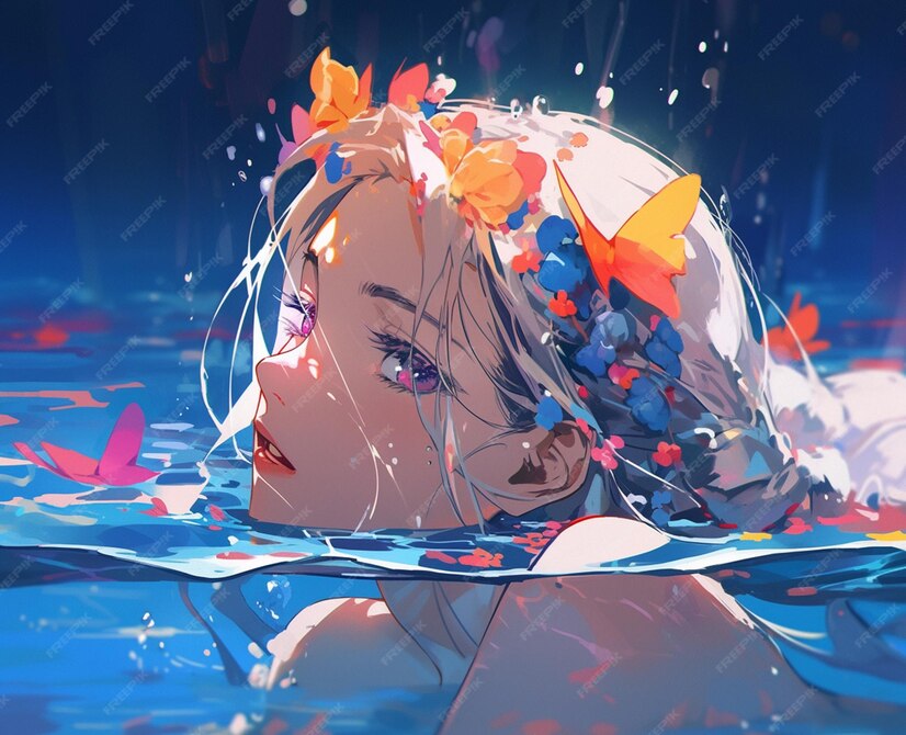 Premium Photo Anime Girl With Flowers In Her Hair Floating In The Water Generative Ai