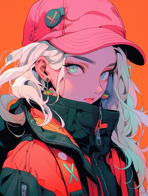 Anime Girl With Pink Hat And Black Jacket With Ear Piercings Generative Ai Premium Ai