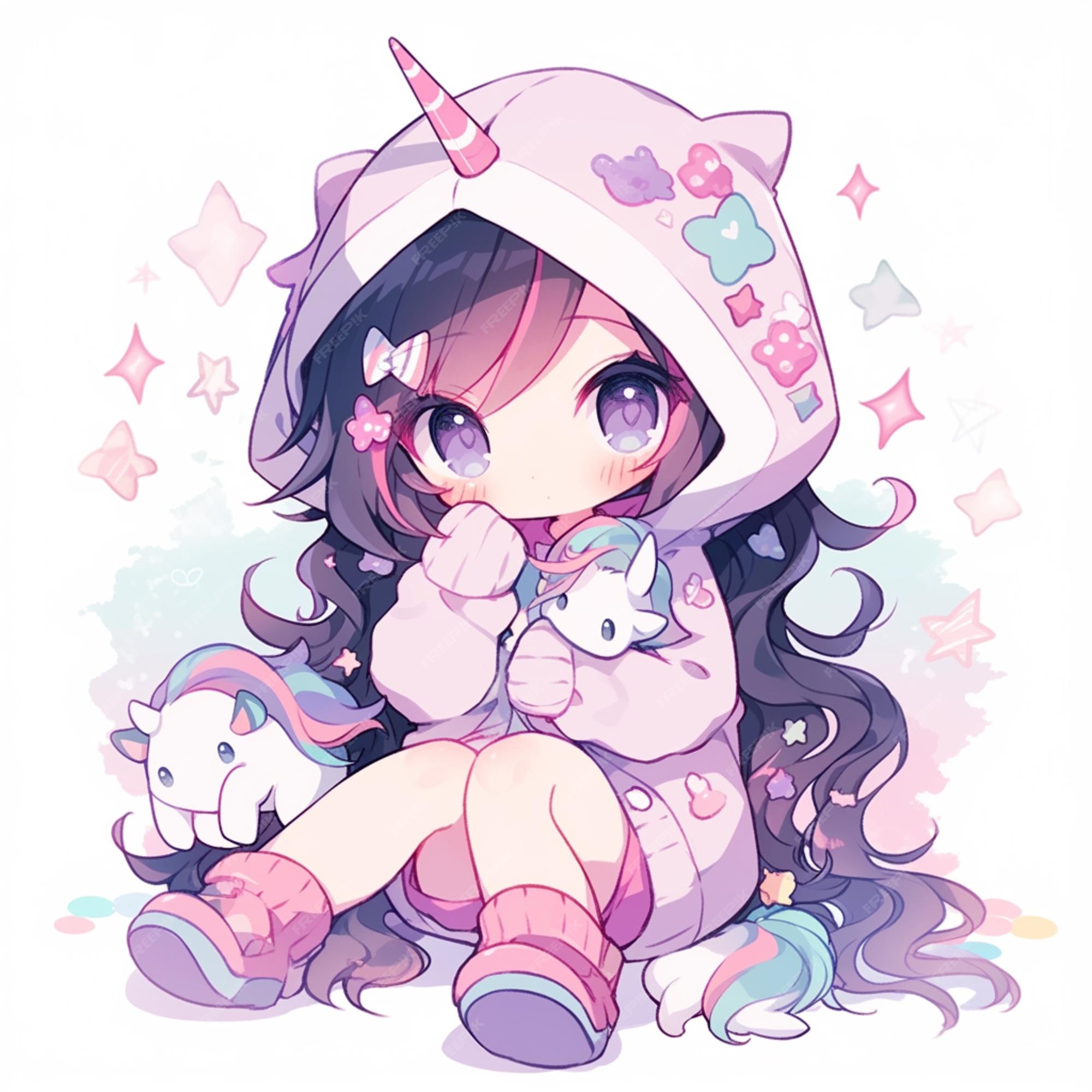 Premium Ai Image Anime Girl With A Unicorn Hat And A Cat Sitting On The Ground Generative Ai