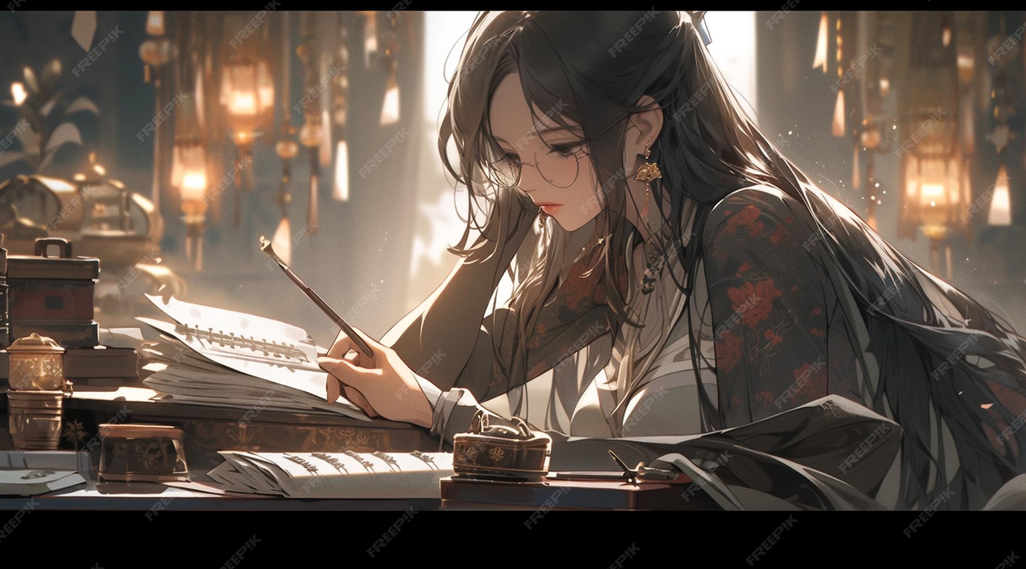 Premium Photo Anime Girl Writing A Book And Writing A Letter In A Library Generative Ai