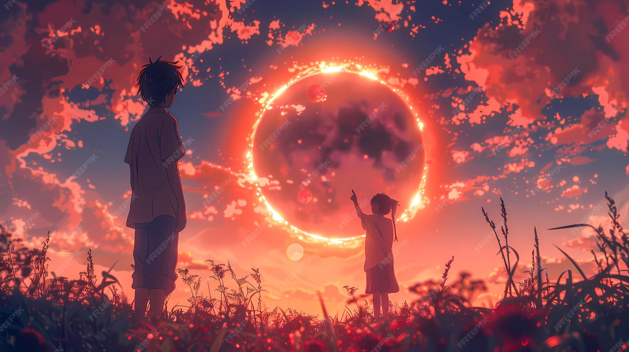 Anime Scene Of A Sight Of Eclipse Big Sun Illustration Premium Ai Generated Image