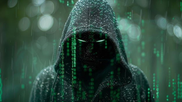 An anonymous computer hacker is hooded holding a binary code on a green background An activist ...