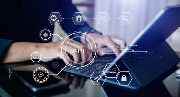 Premium Photo | Api application programming interface woman using laptop tablet and smartphone ...