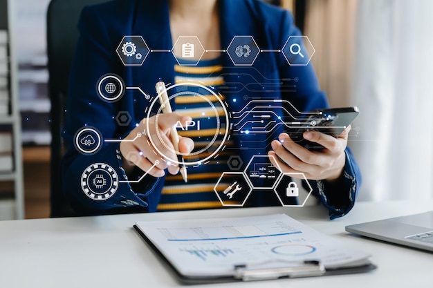 Premium Photo | Api application programming interface woman using laptop tablet and smartphone ...