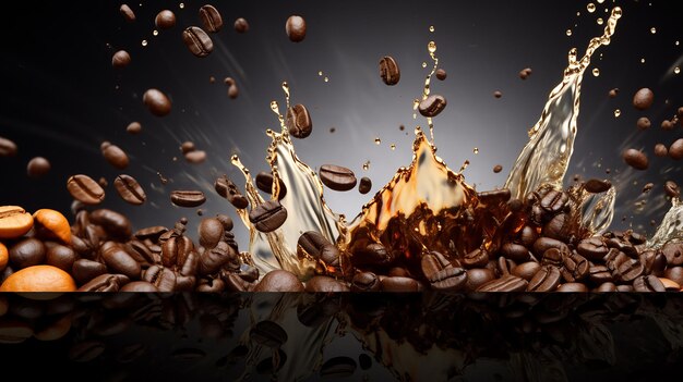 Premium AI Image | Arabica and Robusta Coffee Beans on Splashing Coffee Premium AI Image | Arabica and Robusta Coffee Beans on Splashing Coffee