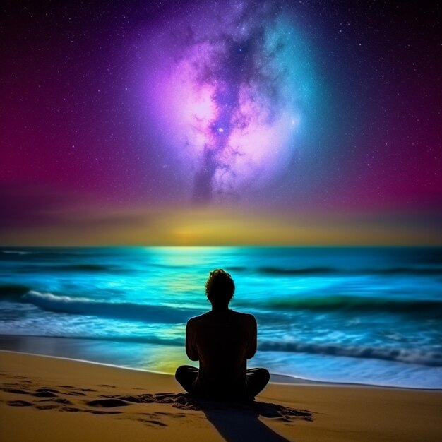 Premium AI Image | Arafed man sitting on the beach watching the milky ... Premium AI Image | Arafed man sitting on the beach watching the milky ...