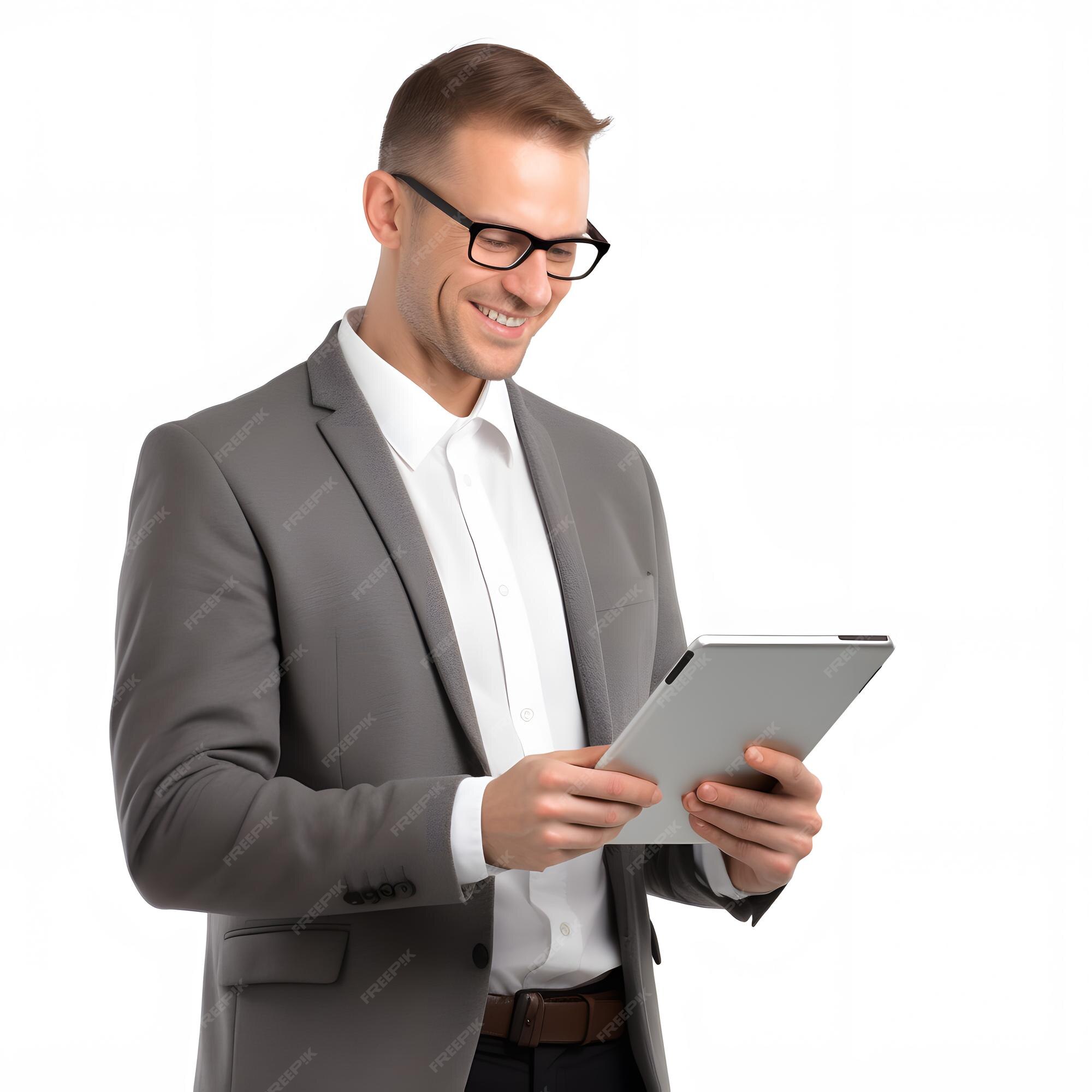 Premium Ai Image Arafed Man In A Suit And Glasses Holding A Tablet