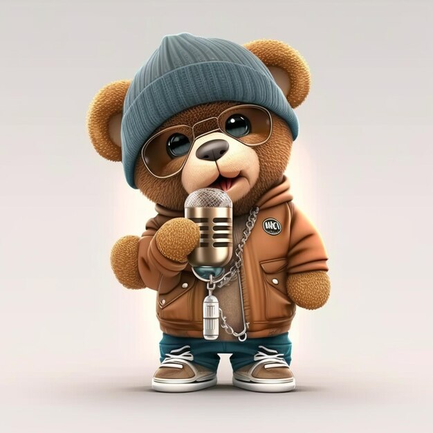 Premium Ai Image Arafed Teddy Bear Wearing A Hat And Sunglasses Holding A Microphone Generative Ai