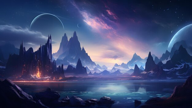Premium AI Image | arafed view of a fantasy landscape with a lake and ... Premium AI Image | arafed view of a fantasy landscape with a lake and ...