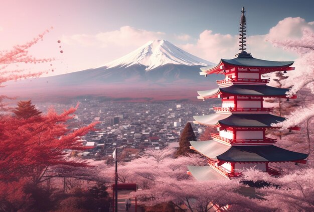 Premium AI Image | Arafed view of a pagoda with a mountain in the ... Premium AI Image | Arafed view of a pagoda with a mountain in the ...