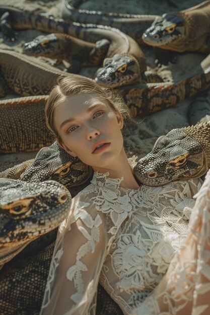 Arafed woman laying on a bed with a large group of lizards generative ... Arafed woman laying on a bed with a large group of lizards generative ...