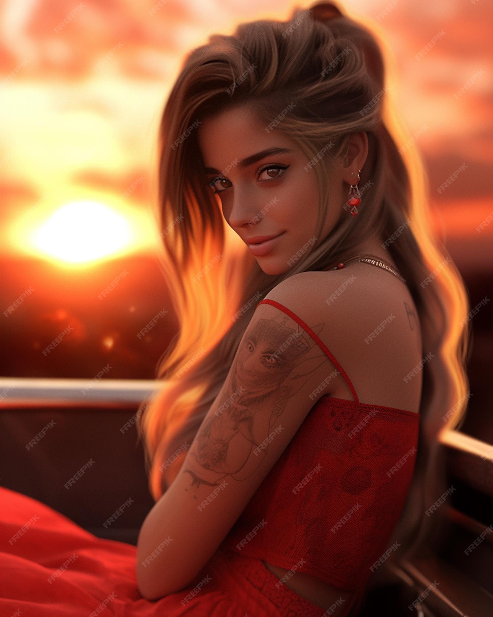 Premium Photo Arafed Woman With Tattoos Sitting On A Bench In A Red Dress Generative Ai