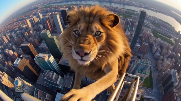Premium AI Image | Araffe looking down at the camera from a high rise ... Premium AI Image | Araffe looking down at the camera from a high rise ...