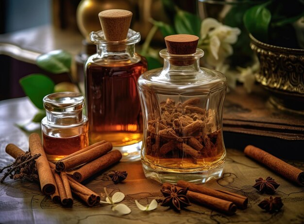 Aromatic homemade vanilla extract on wooden table closeup Space for ... Aromatic homemade vanilla extract on wooden table closeup Space for ...