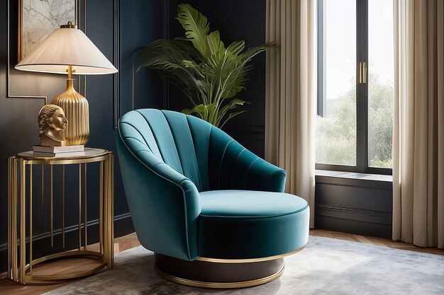 Art Deco Velvet Lounge Chair in a Luxurious Reading Nook Providing a Plush and Glamorous Reading Retreat Premium AI generated image