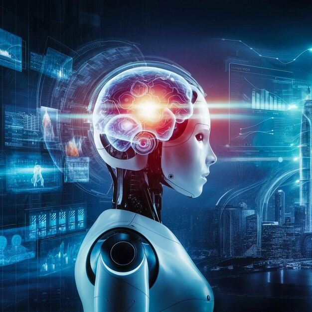 Artificial intelligence digital technology concept Robot with hologram ... Artificial intelligence digital technology concept Robot with hologram ...