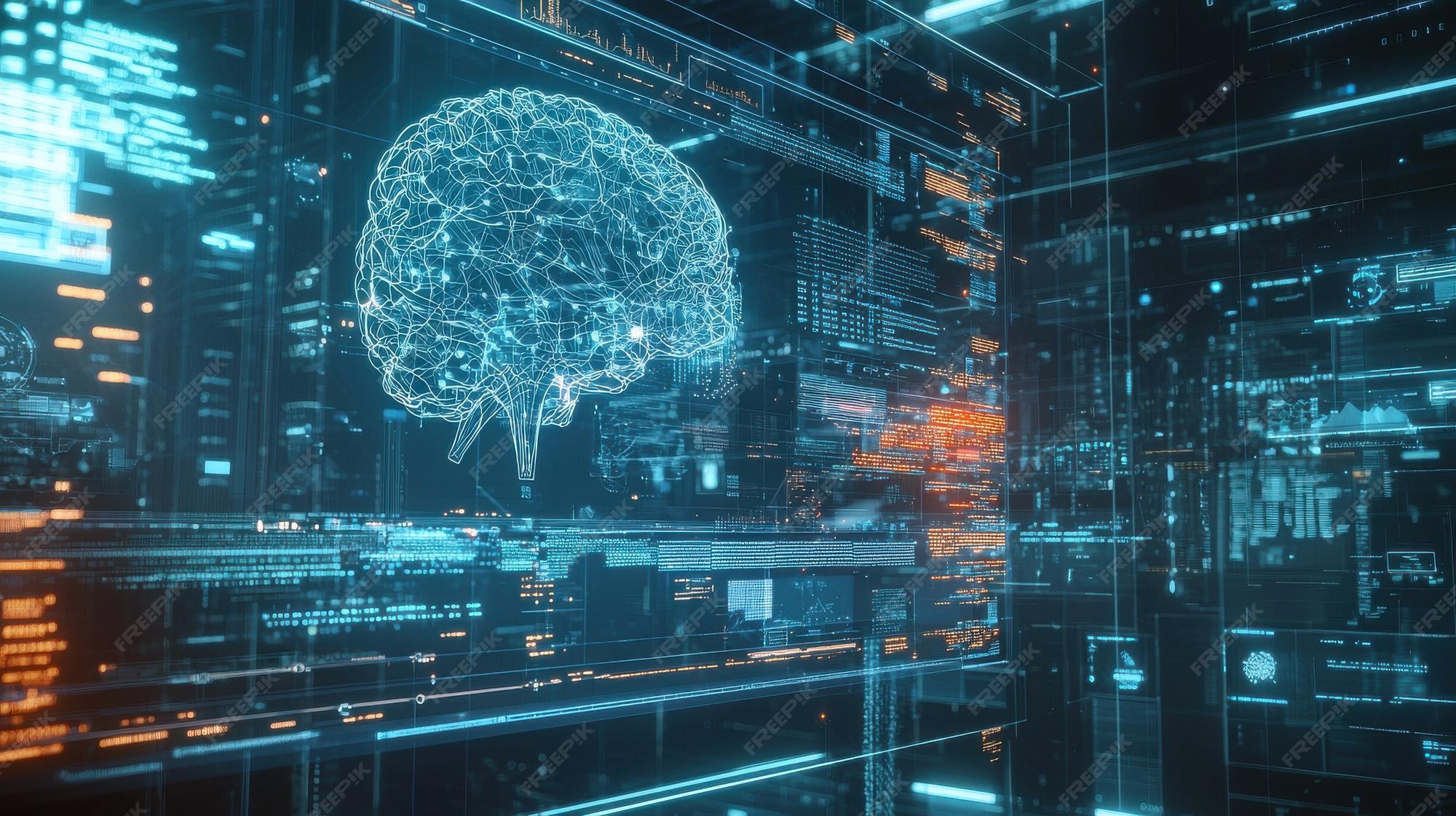 An artificial intelligence and machine learning concept featuring a digital interface displaying ...