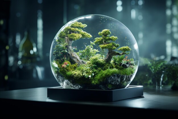 Artistically crafted miniature bonsai forest displayed in glass globe ... Artistically crafted miniature bonsai forest displayed in glass globe ...