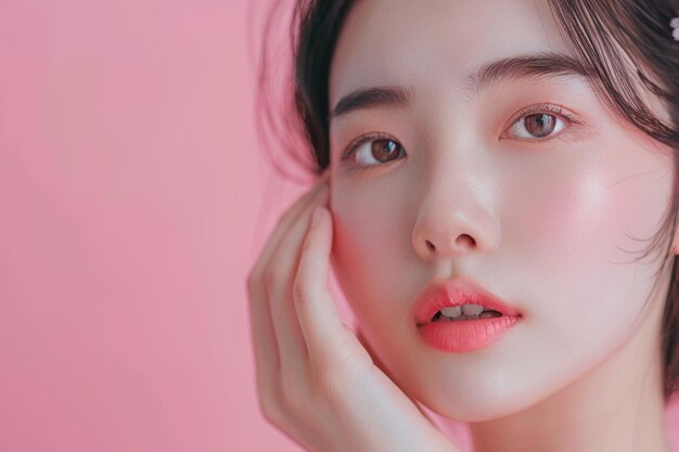 Premium Photo Asia Beauty Woman Touching Her Face Healthy Skin Close