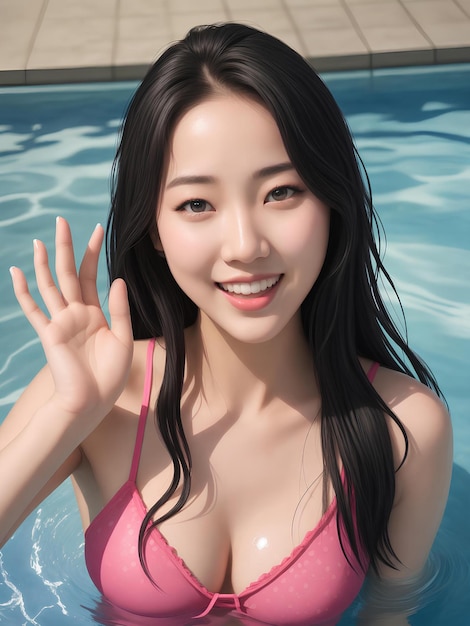 Premium Photo Asia Woman Wear Pink Bikini In Pool Images With Ai Generated