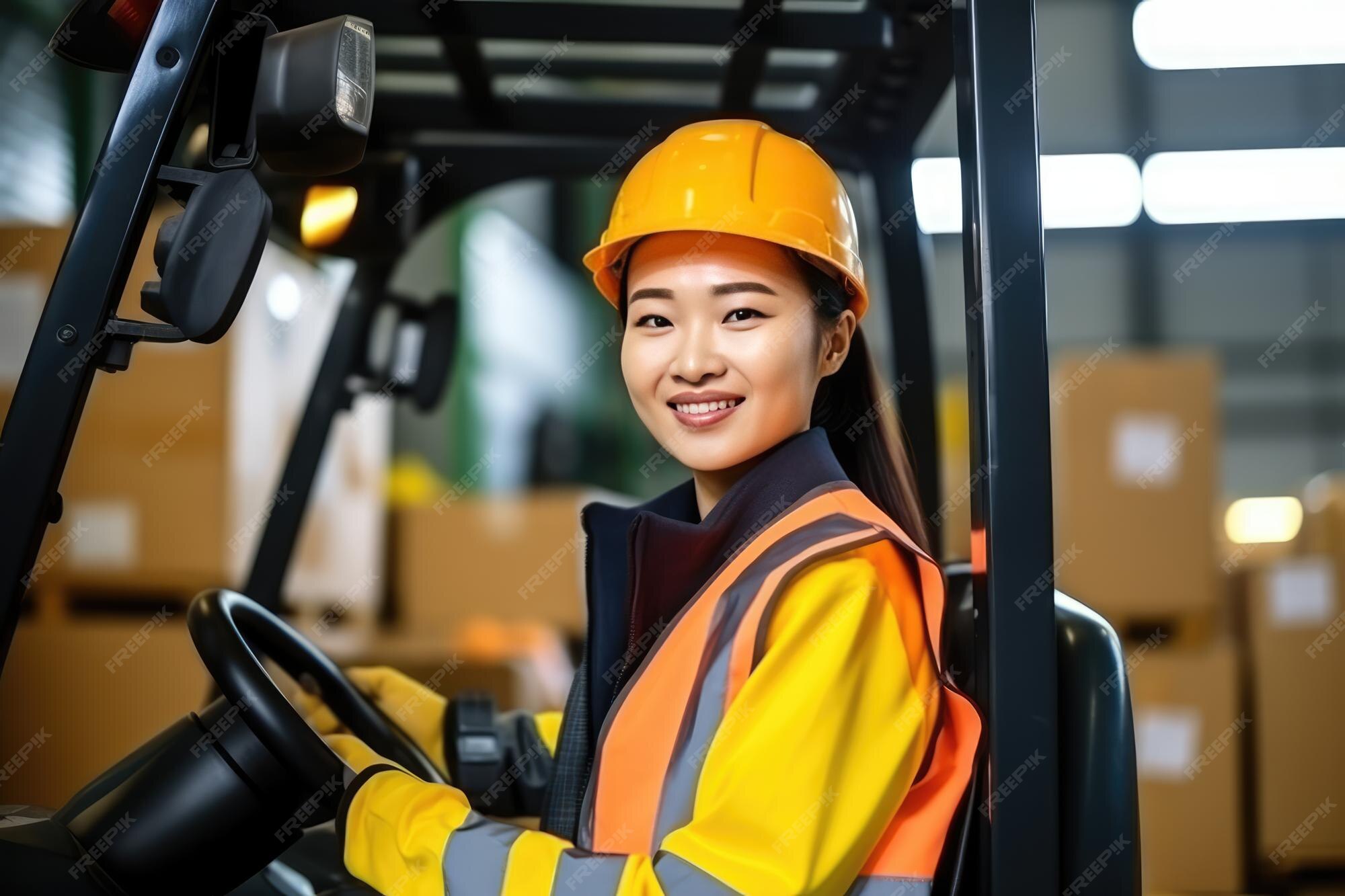 Premium Ai Image Asian Beautiful Woman Driver Drive Fork Lift Car