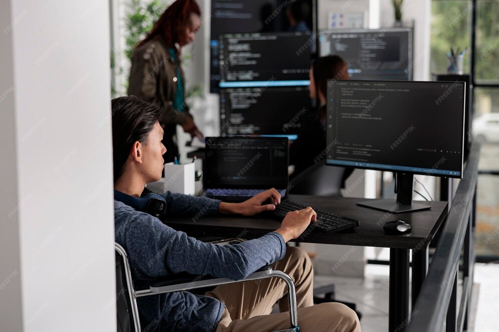 Premium Photo | Asian disabled software developerr typing programming language on computer ...