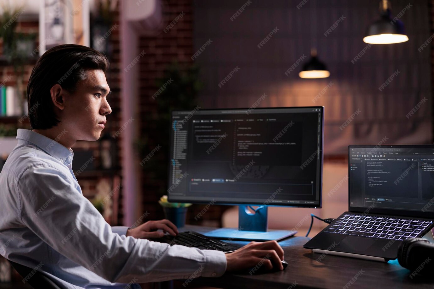 Premium Photo | Asian engineer developing app software on computer, working with binary code ...