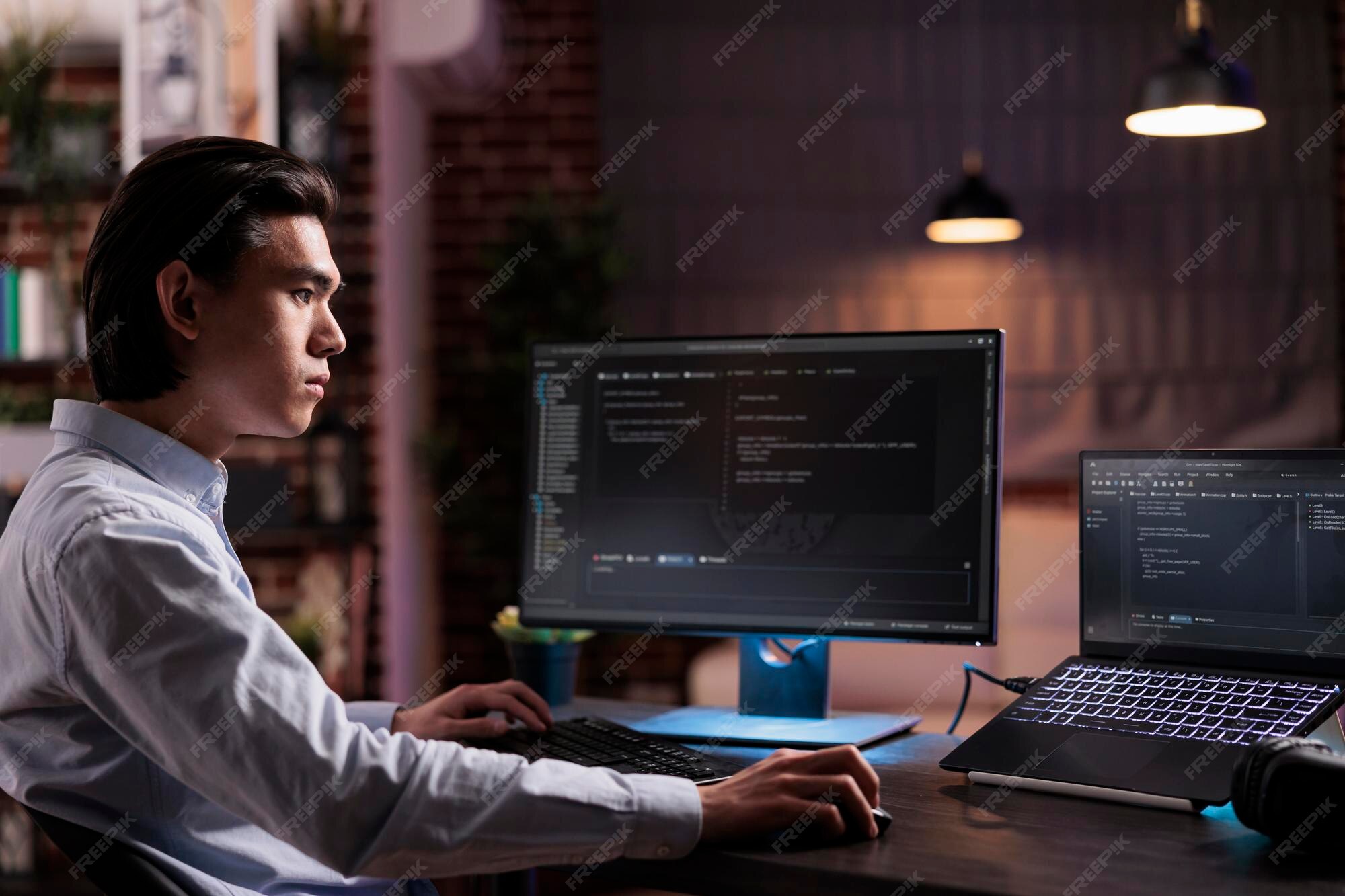 Premium Photo | Asian engineer developing app software on computer, working with binary code ...