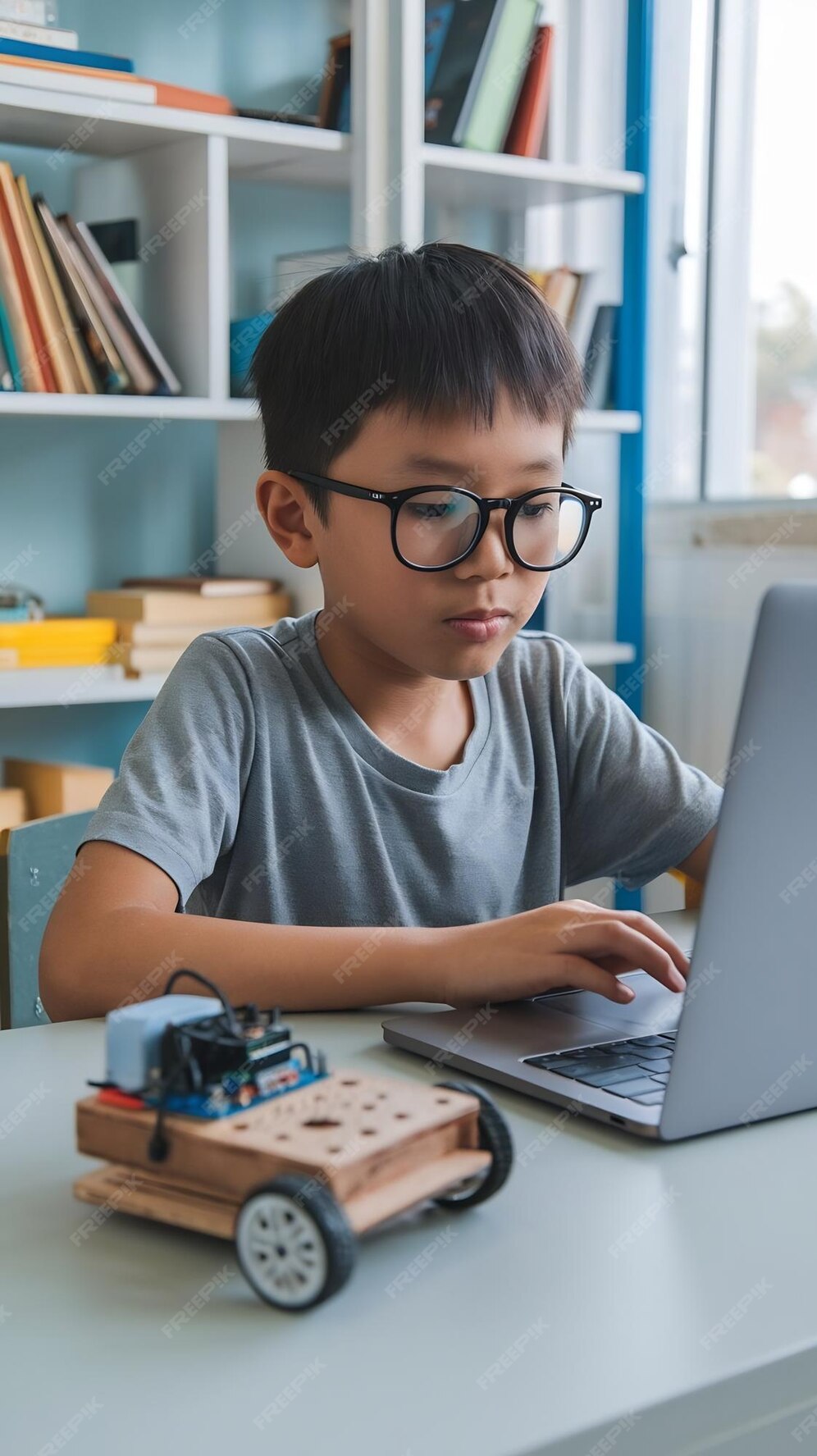 Asian kid boy learns coding and programming with laptop for arduino ...