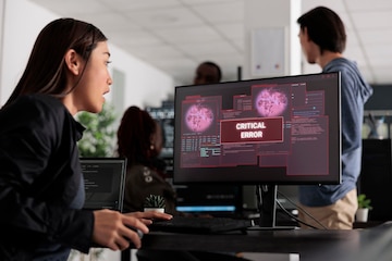 Premium Photo | Asian software developer writing html code encountering hacking alert on ...