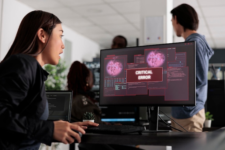 Premium Photo | Asian software developer writing html code encountering hacking alert on ...