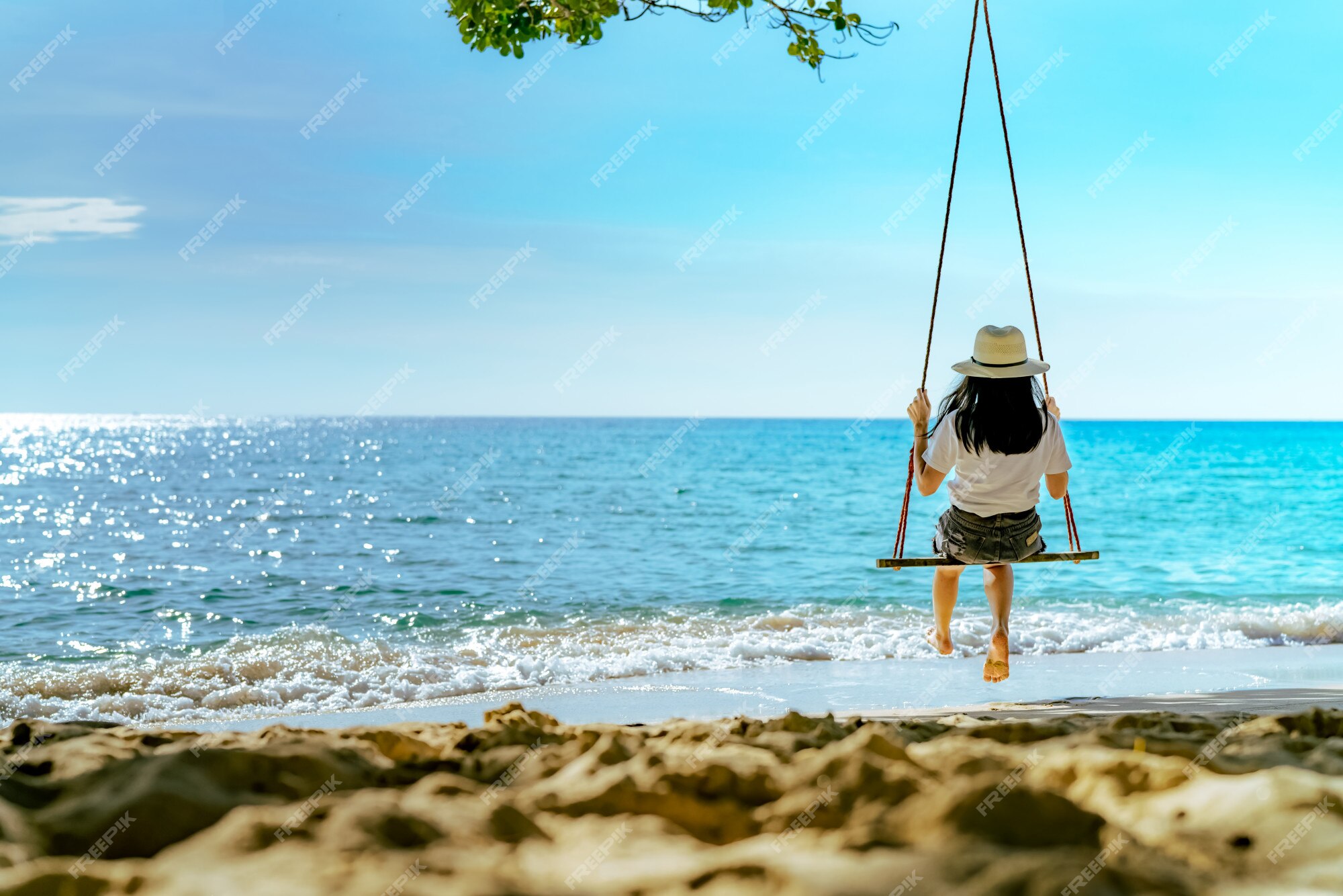 Premium Photo Asian Woman In Casual Style Wear Hat Swing The Swings