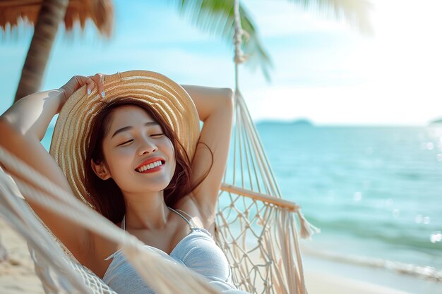 Premium Photo Asian Woman Relax On Hammock In The Beach