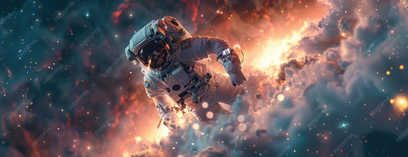 An Astronaut Drifting in Zero Gravity Amidst Cosmic Elements with ... An Astronaut Drifting in Zero Gravity Amidst Cosmic Elements with ...