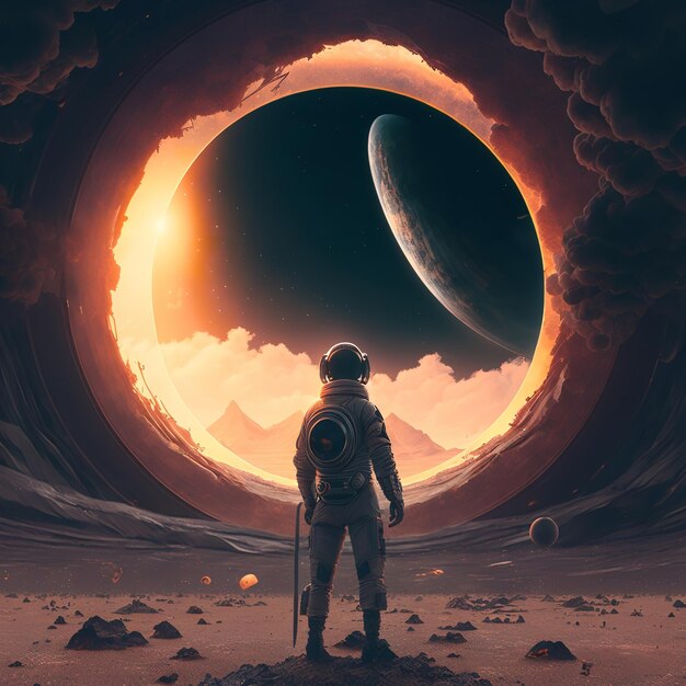 Premium AI Image | An astronaut stands in front of a giant ring that ... Premium AI Image | An astronaut stands in front of a giant ring that ...