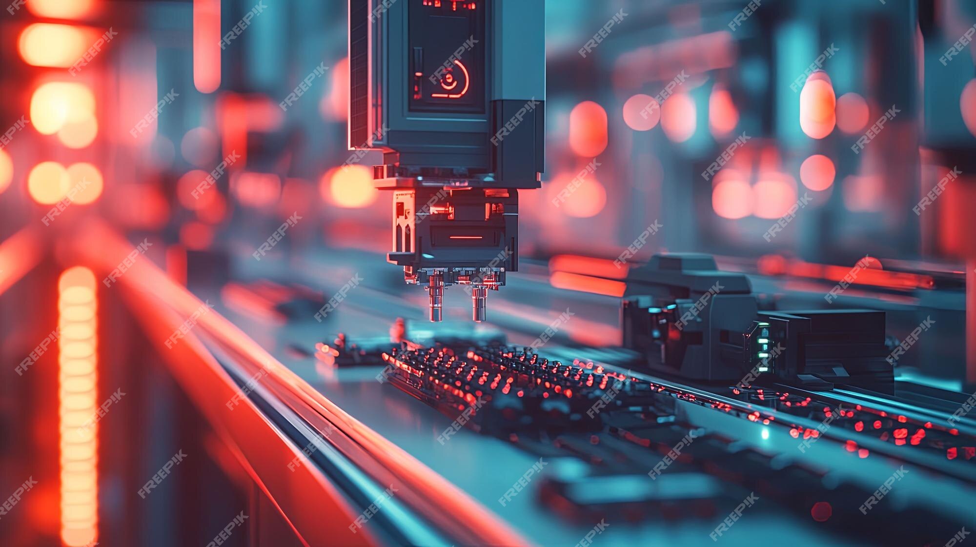 Automated Assembly Line With Robotic Arm And Red Lights Premium Ai