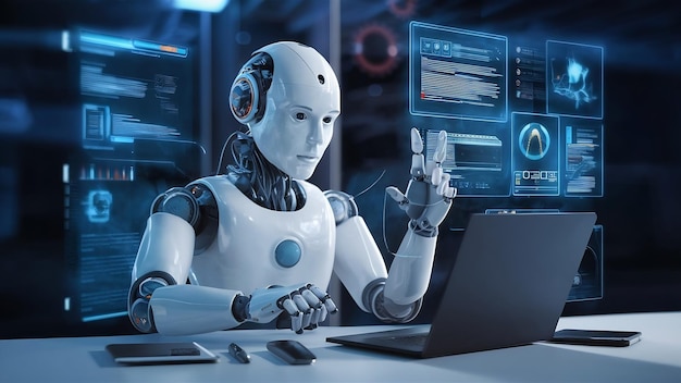 Automation programmer with 3d rendering robotic worker work with computer notebook | Premium AI ...