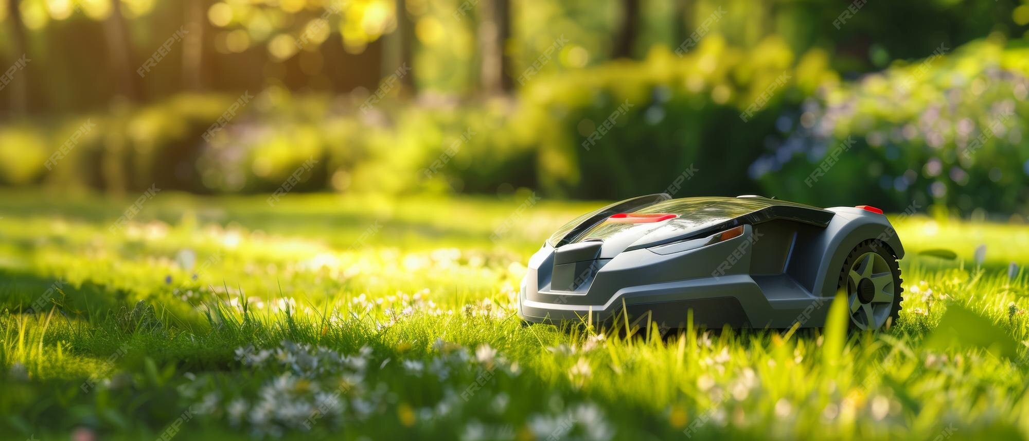 Premium Photo Autonomous Lawn Mower Robot On A Sunny Garden With Lush Green Grass