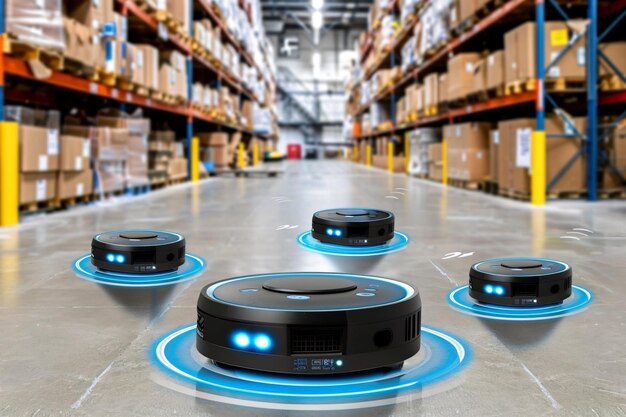 Autonomous mobile robots working inside a modern warehouse | Premium AI ... Autonomous mobile robots working inside a modern warehouse | Premium AI ...