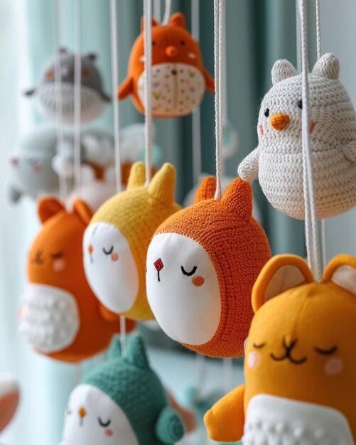 Baby crib mobile with handmade knitted soft toys different unusual characters on ropes Premium AI generated image