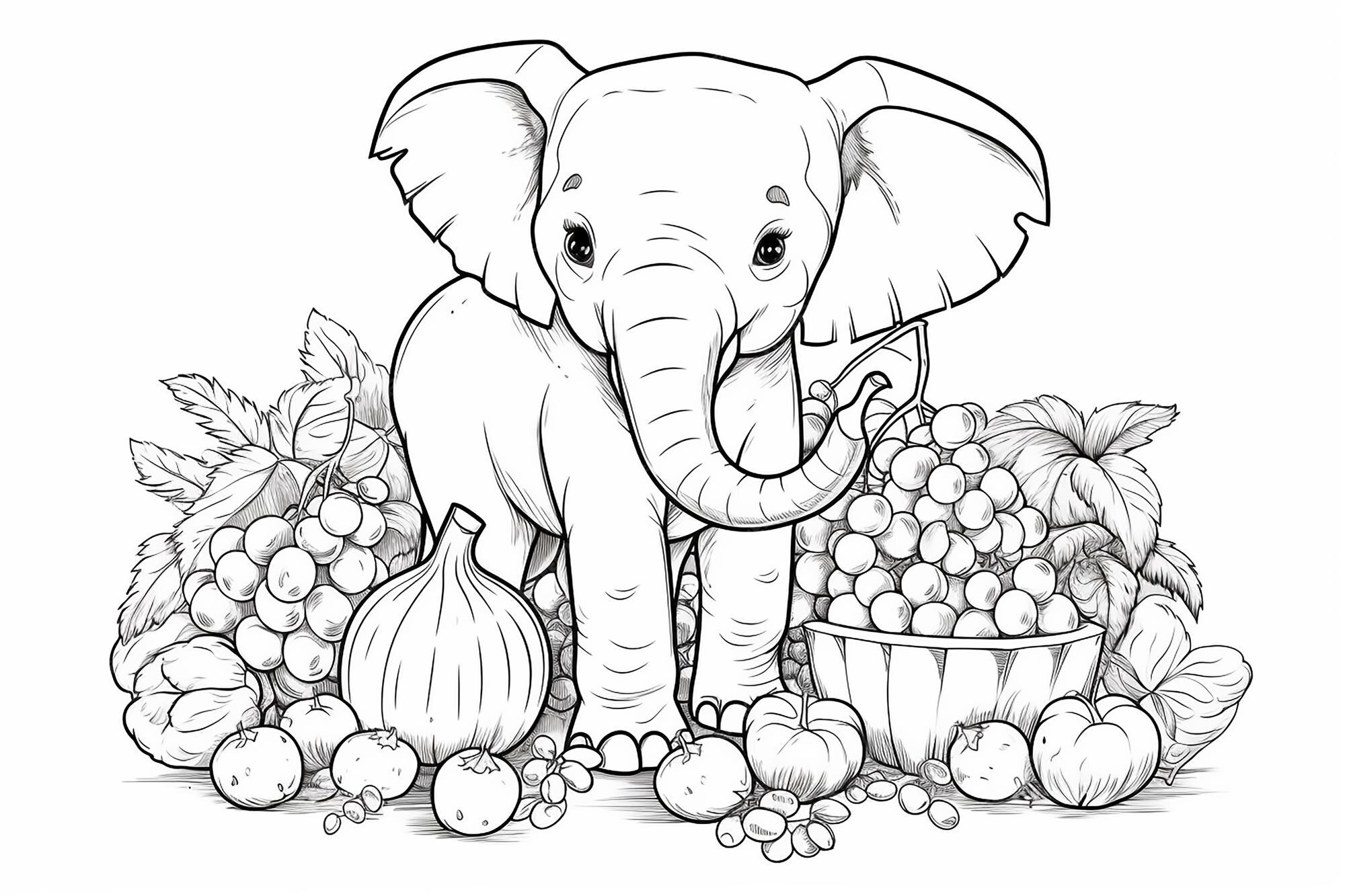 Premium AI Image | A baby elephant stands among the fruits. Premium AI Image | A baby elephant stands among the fruits.