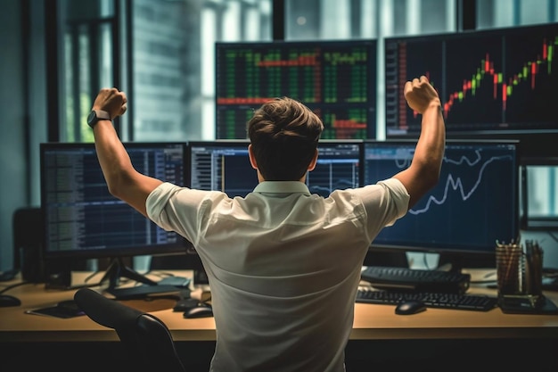 Premium AI Image | Back view of bearded young businessman woking with ... Premium AI Image | Back view of bearded young businessman woking with ...