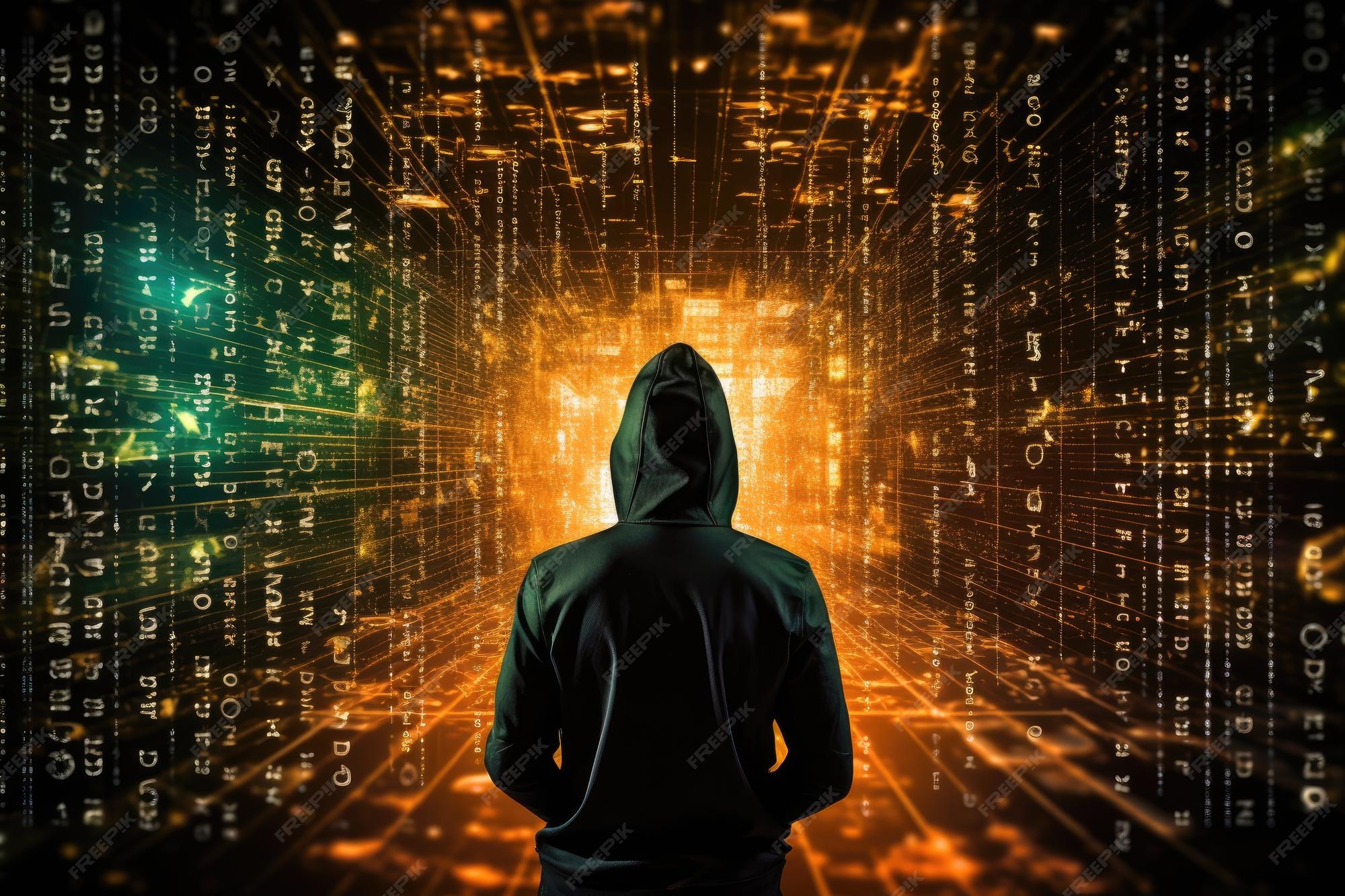 Premium AI Image | Back view of hacker in hoodie standing with binary code on background ...