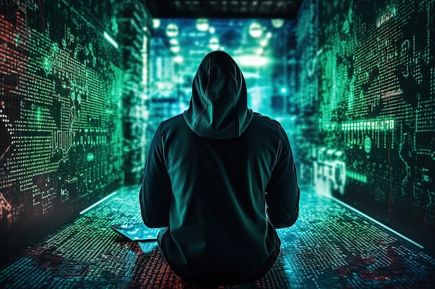 Premium Ai Image Back View Of A Hacker In The Process Of Hacking The Net A Person Sitting In