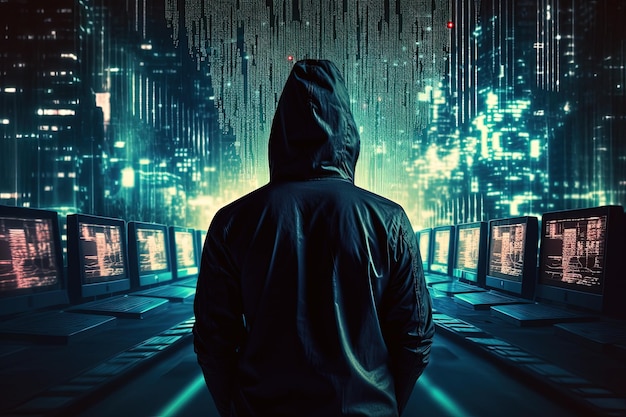 Premium Ai Image Back View Of A Hacker In The Process Of Hacking The