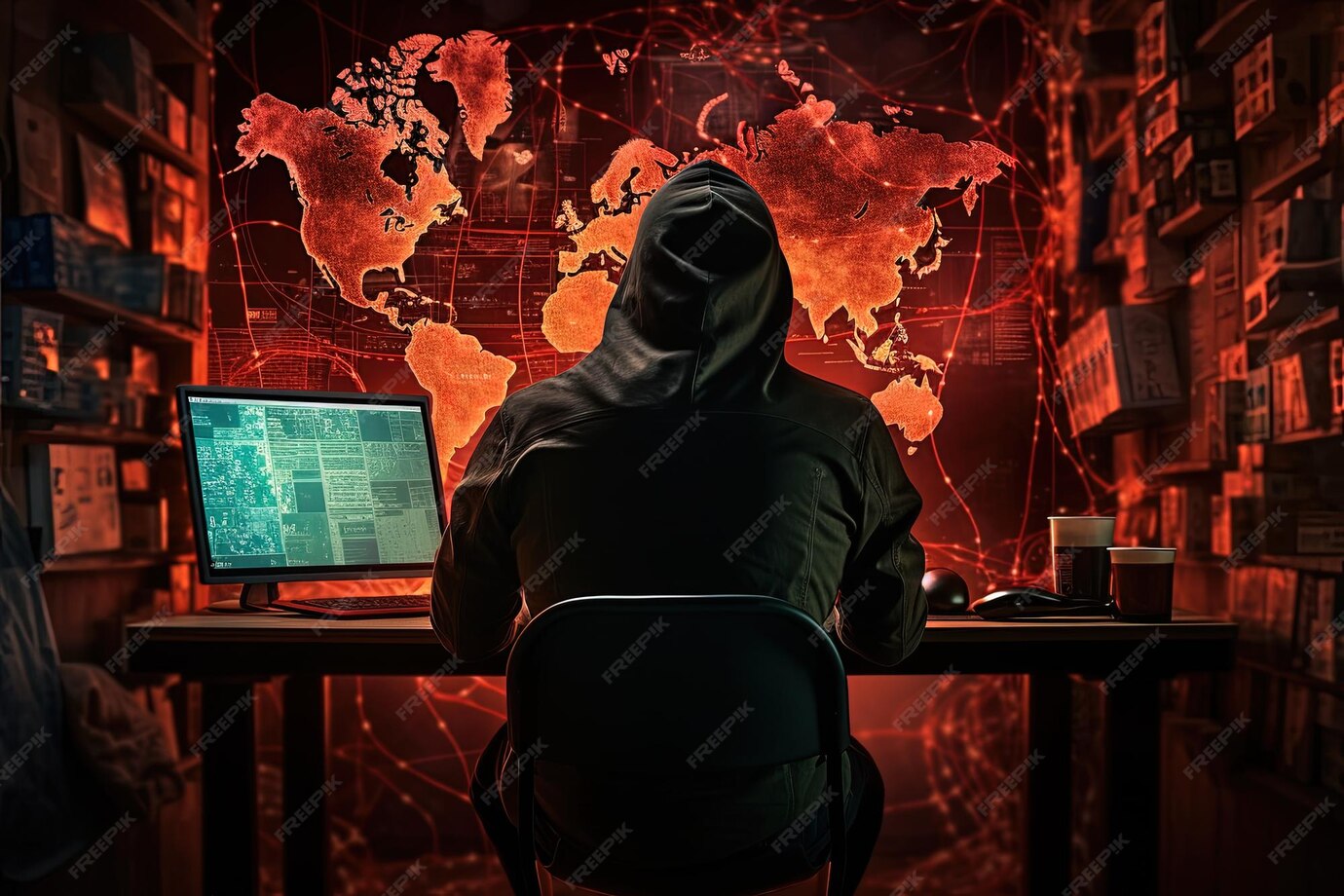 Premium AI Image | Back view of A hacker in the process of hacking the network A person sitting ...