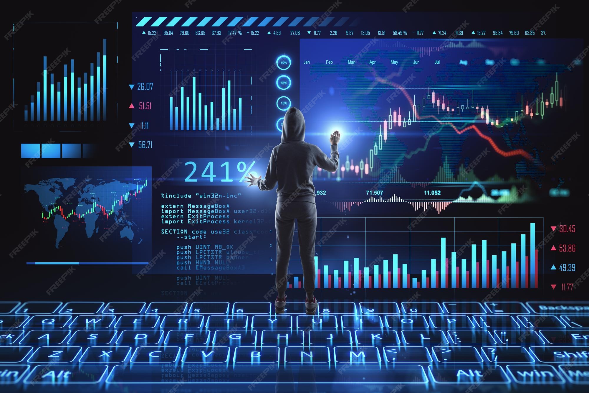 Premium Photo Back View Of Hacker Using Abstract Image Of Glowing Digital Keyboard With Map