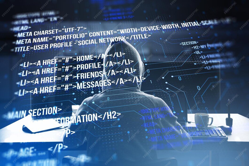 Premium Photo | Back view of hacker using computers at desk with ...