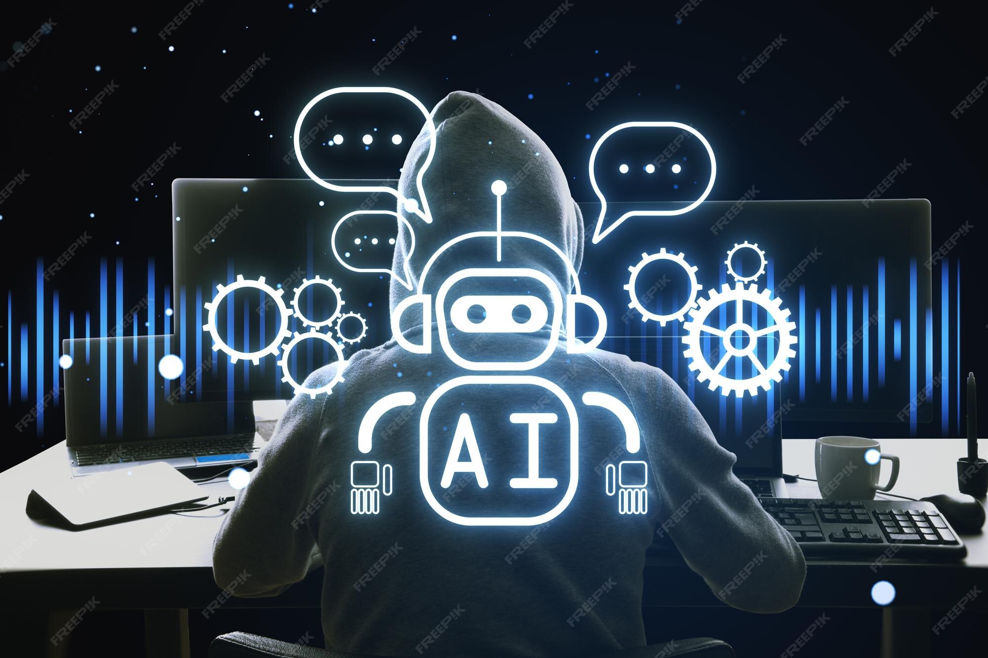 Premium Photo Back View Of Hacker Using Computers At Desk With Glowing Robot Ai Hologram On