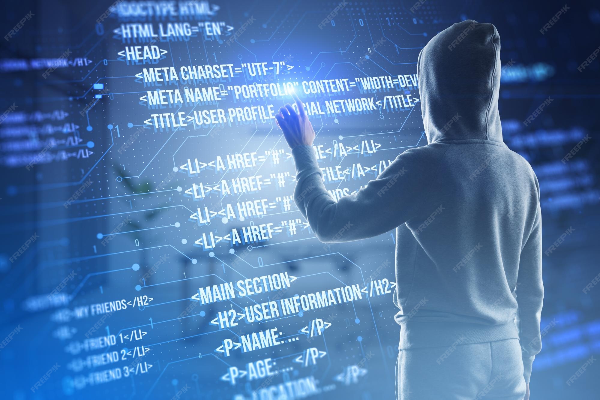 Задний вид хакера, использующего творческий цифровой язык программирования на размытом фоне ...